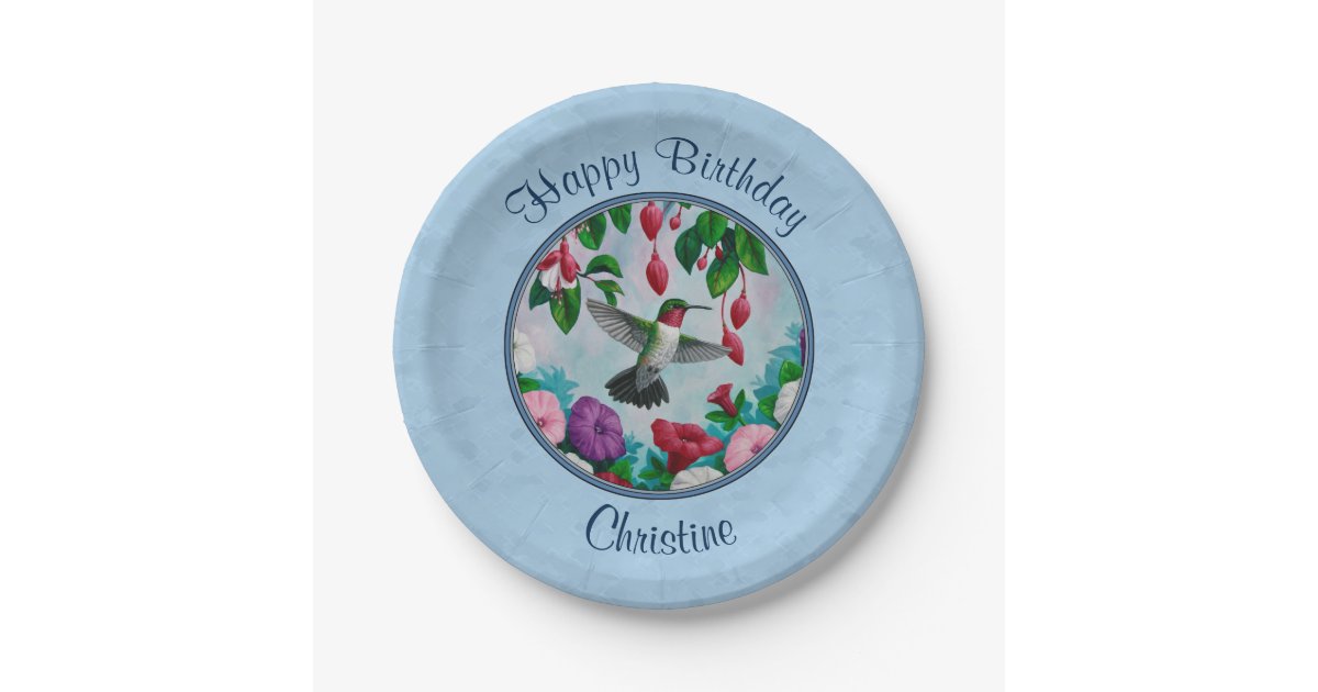 Flower Garden and Hummingbirds Blue Paper Plates | Zazzle