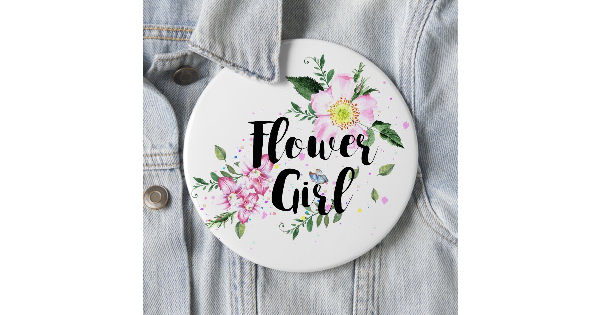 Flower Girl Pink Floral Watercolor Wedding Button | Zazzle