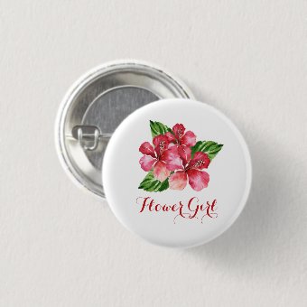 Flower Girl Red Hibiscus Tropical Floral Button | Zazzle