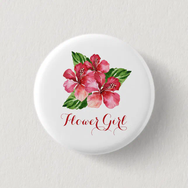 Flower Girl Red Hibiscus Tropical Floral Button | Zazzle