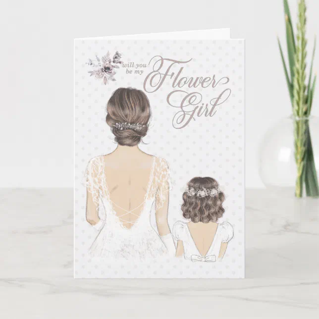 Flower Girl Request Wedding Bride and Girl Taupe Card | Zazzle
