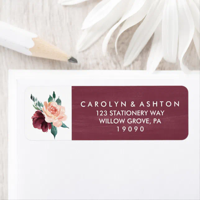 Flower Lettering | Maroon Watercolor Wedding Label | Zazzle