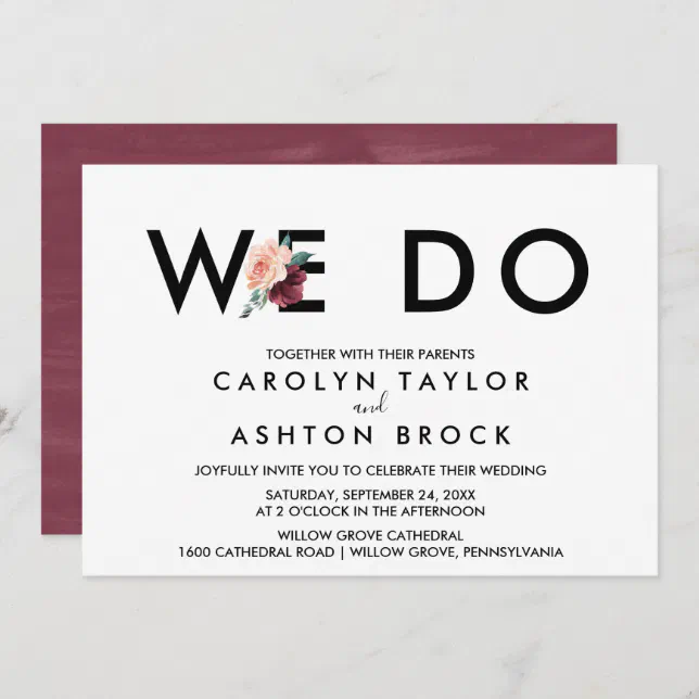 Flower Lettering | Maroon We Do Wedding Invitation | Zazzle