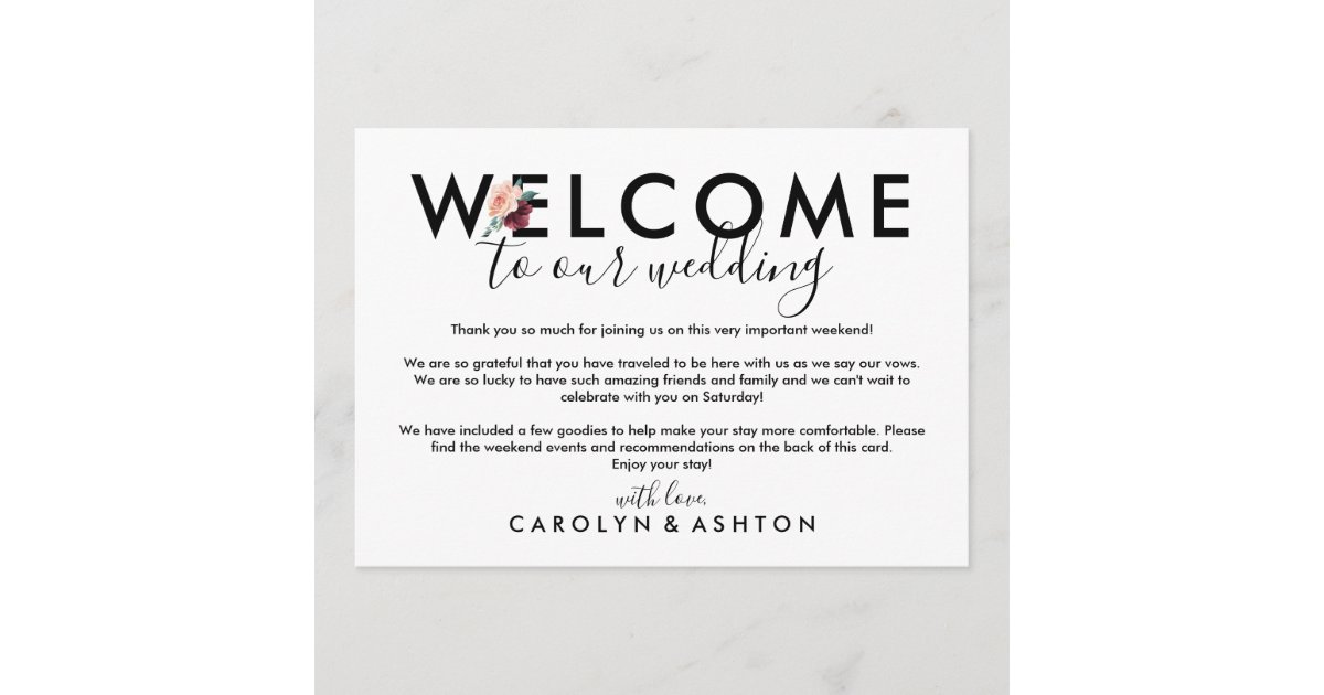 Flower Lettering Maroon Welcome Letter & Itinerary | Zazzle.com