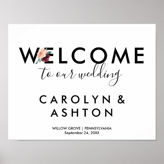 Flower Lettering | Maroon Welcome Wedding Poster | Zazzle.com