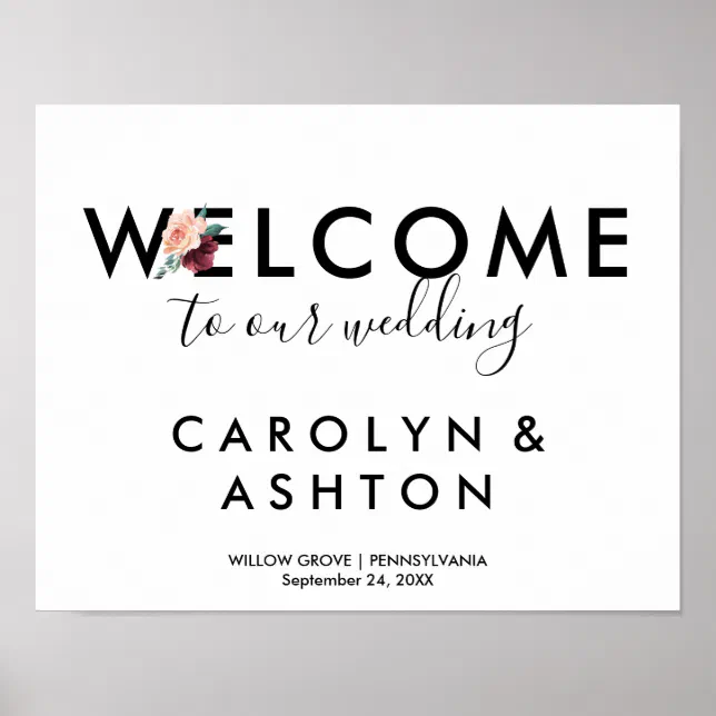 Flower Lettering | Maroon Welcome Wedding Poster | Zazzle