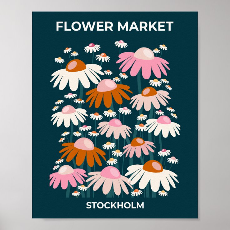 Flower Market Stockholm Navy Blue Retro Floral Poster | Zazzle