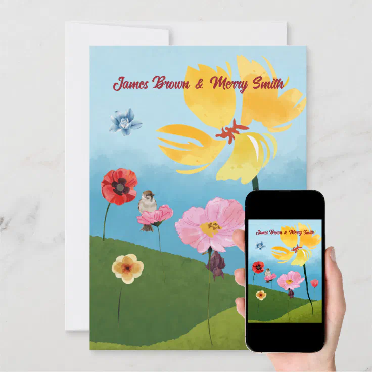 Flower Meadow Tiny Bird and Sleeping Bat Wedding Invitation | Zazzle