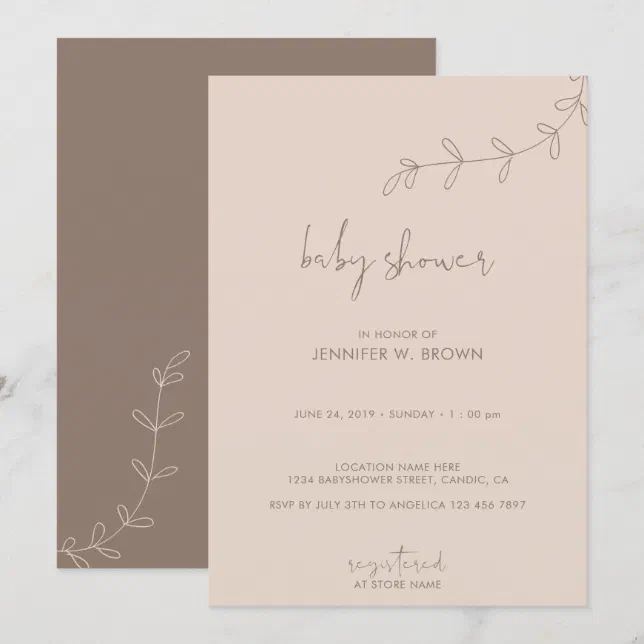 Flower Minimal Brown Baby Shower Invitation | Zazzle