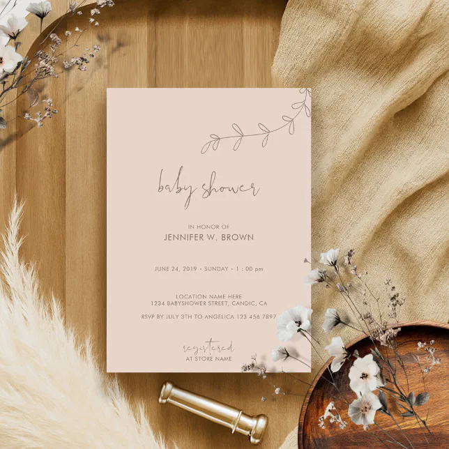Flower Minimal Brown Baby Shower Invitation | Zazzle