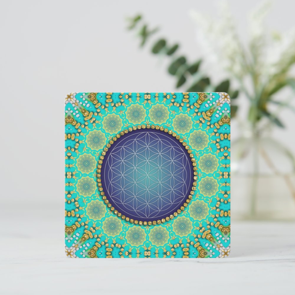 Flower of Life Bohemian Gold Blue & Green Invitation - Snuggle Hamster ...
