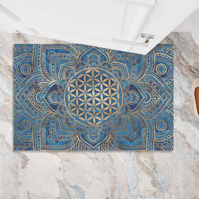 Flower of Life in Lotus - Blue Marble and Gold Doormat | Zazzle