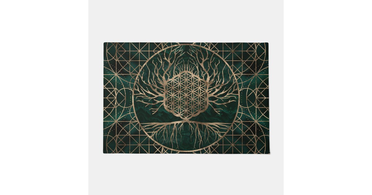 Flower of Life in Tree of life Malachite and Gold Doormat | Zazzle