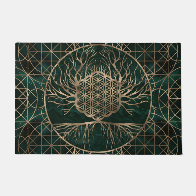 Flower of Life in Tree of life Malachite and Gold Doormat | Zazzle