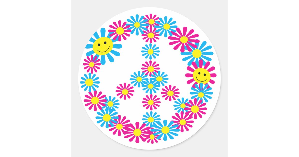 Flower Peace Sign w Faces Classic Round Sticker | Zazzle