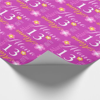 Flower personalized name age 13th birthday wrap wrapping paper | Zazzle