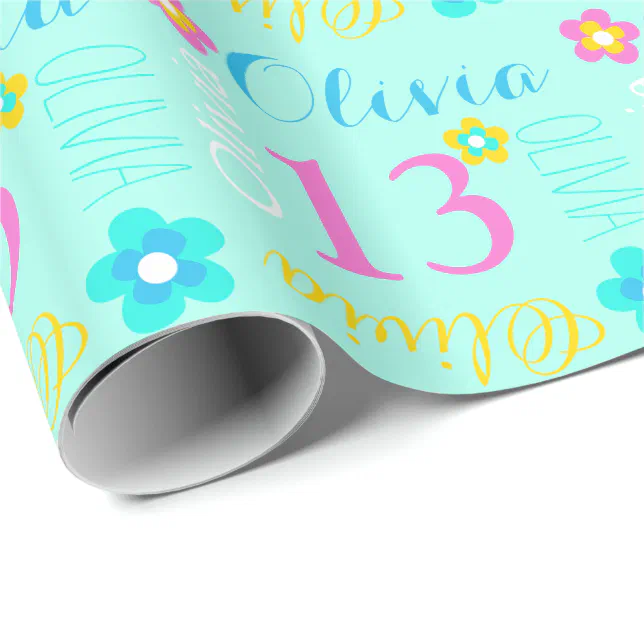 Flower personalized name age 13th birthday wrap wrapping paper | Zazzle