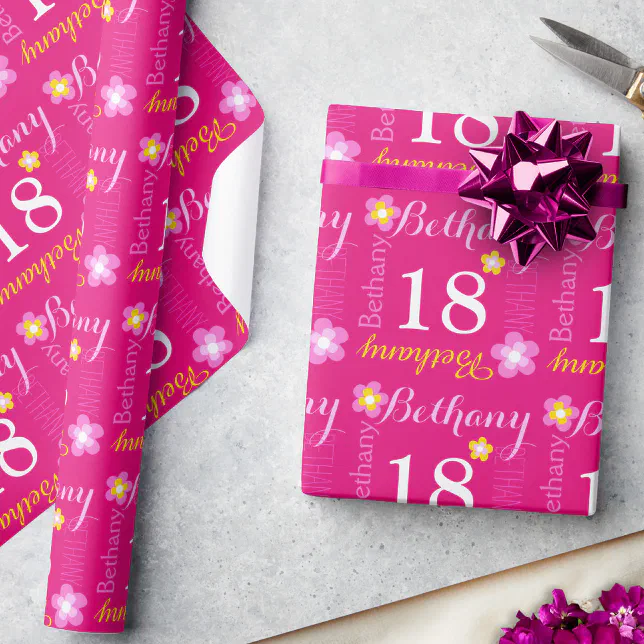Flower personalized name age 18th birthday wrap wrapping paper | Zazzle