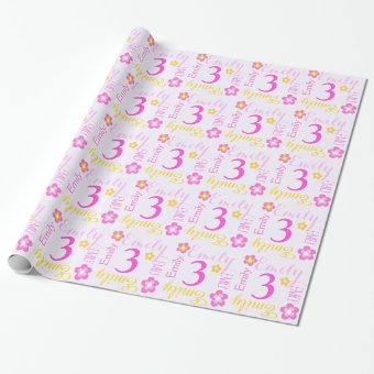 Flower personalized name age 3rd birthday wrap wrapping paper | Zazzle