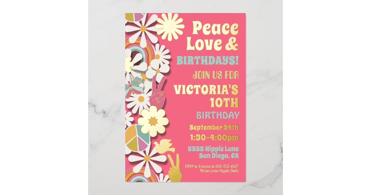 Flower Power Hippie Birthday Party Foil Invitation | Zazzle