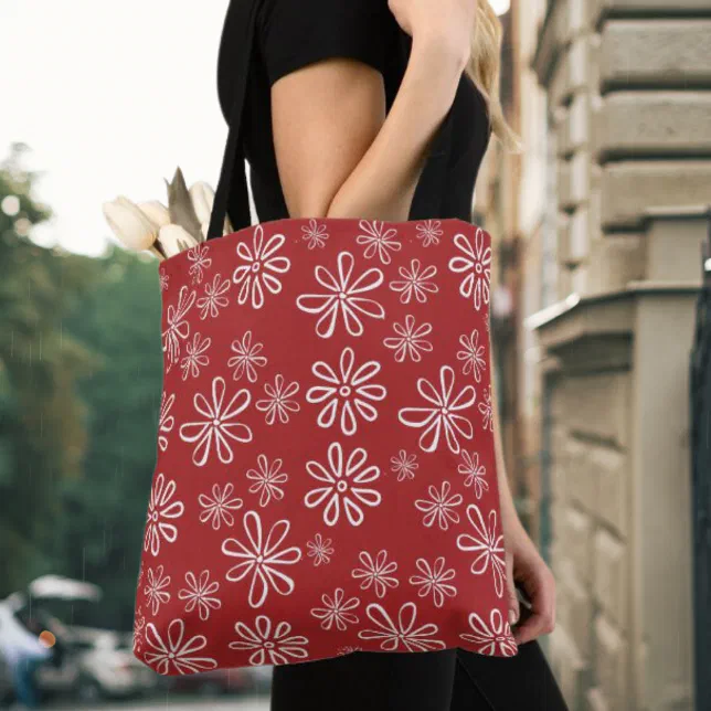 Flower Power Red and White Retro Floral Tote Bag | Zazzle