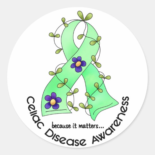 Flower Ribbon CELIAC DISEASE AWARENESS T-Shirts Classic Round Sticker ...