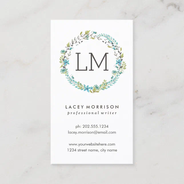 Flower Wreath | Modern Blue Floral Business Card | Zazzle