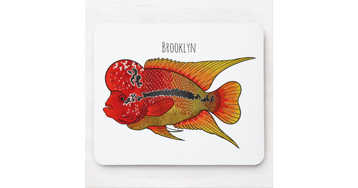 Flowerhorn cichlid fish cartoon illustration mouse pad | Zazzle