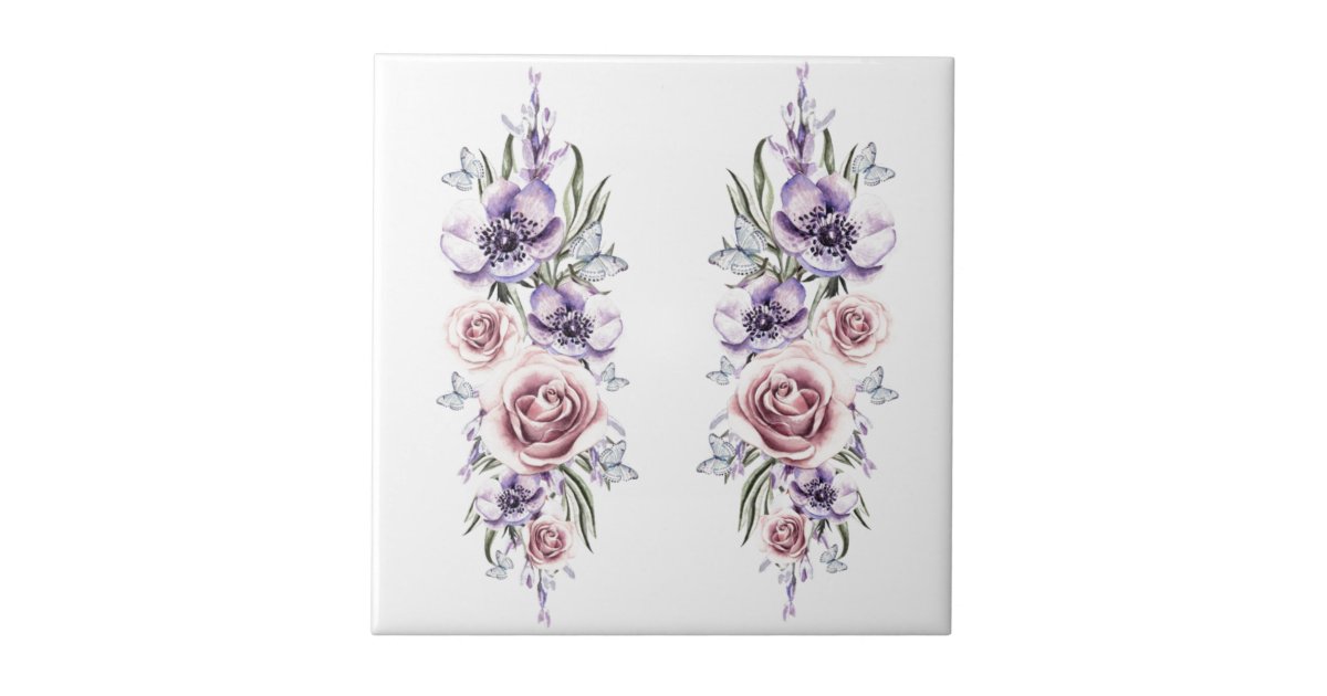 Flowers and Butterflies - Drawing Art - Vintage Ceramic Tile | Zazzle