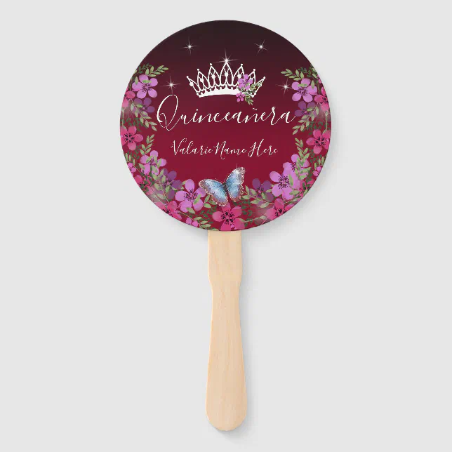 Flowers and Butterfly Quinceanera Burgundy Hand Fan | Zazzle