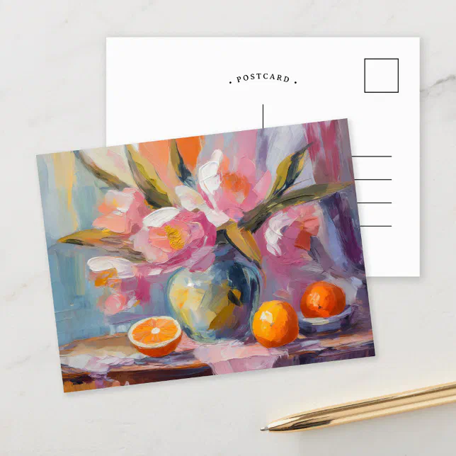 Flowers and Oranges Modern Still Life Postcard | Zazzle