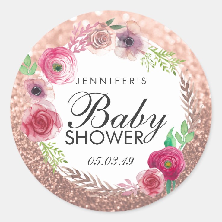 Flowers Baby Shower Pink Rose Gold Glitter Classic Round Sticker | Zazzle