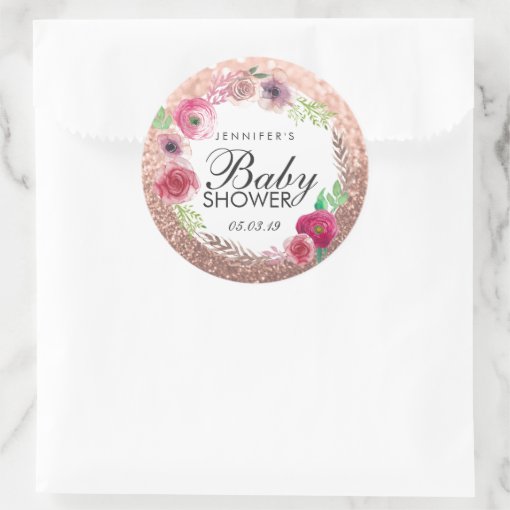 Flowers Baby Shower Pink Rose Gold Glitter Classic Round Sticker | Zazzle