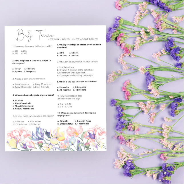Flowers Baby Trivia Baby Shower Game | Zazzle