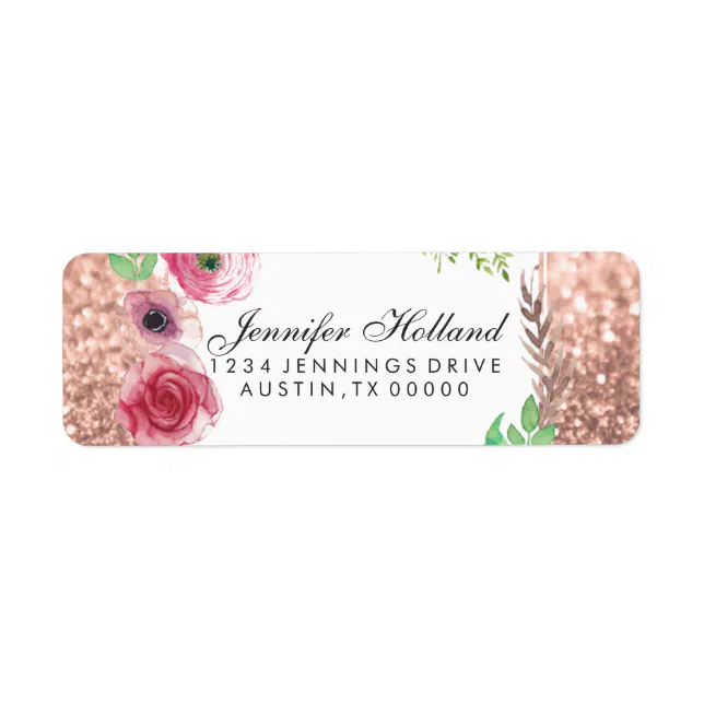 Flowers Bridal Shower Pink Rose Gold Return Label | Zazzle