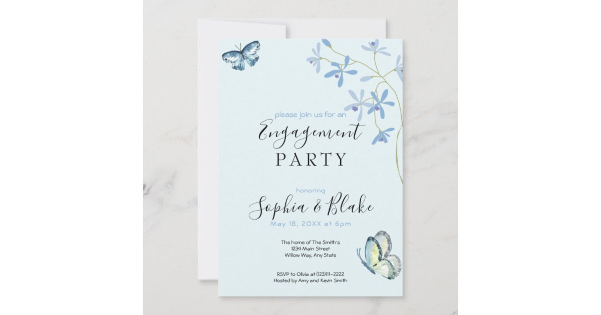 Flowers & Butterflies | Blue Engagement Party Invitation | Zazzle