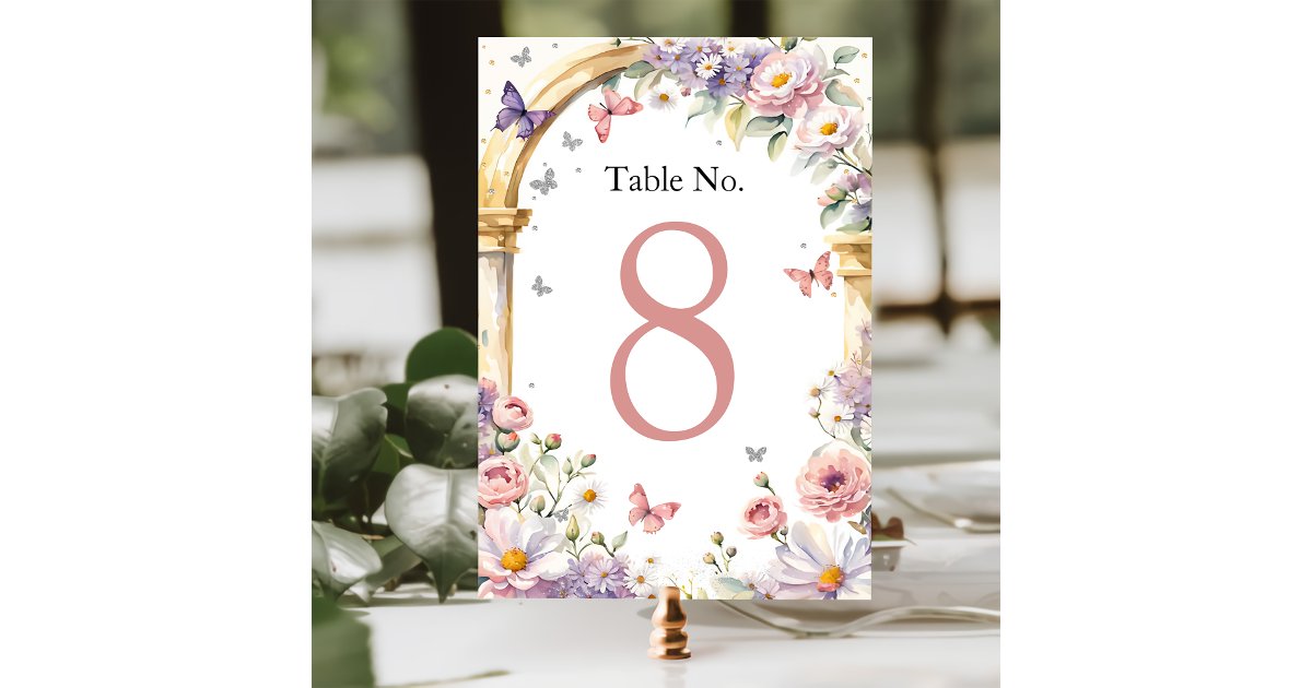 Flowers Butterflies Lilac Quinceañera Table Number | Zazzle