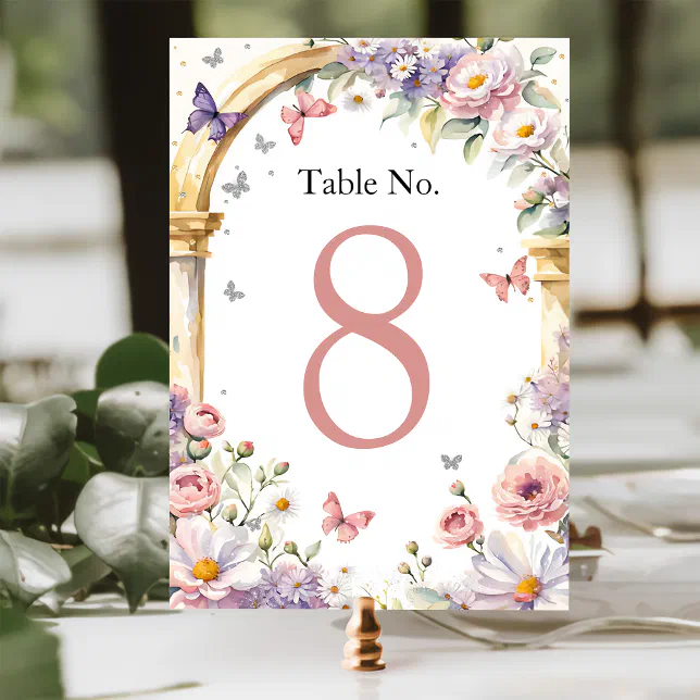 Flowers Butterflies Lilac Quinceañera Table Number | Zazzle