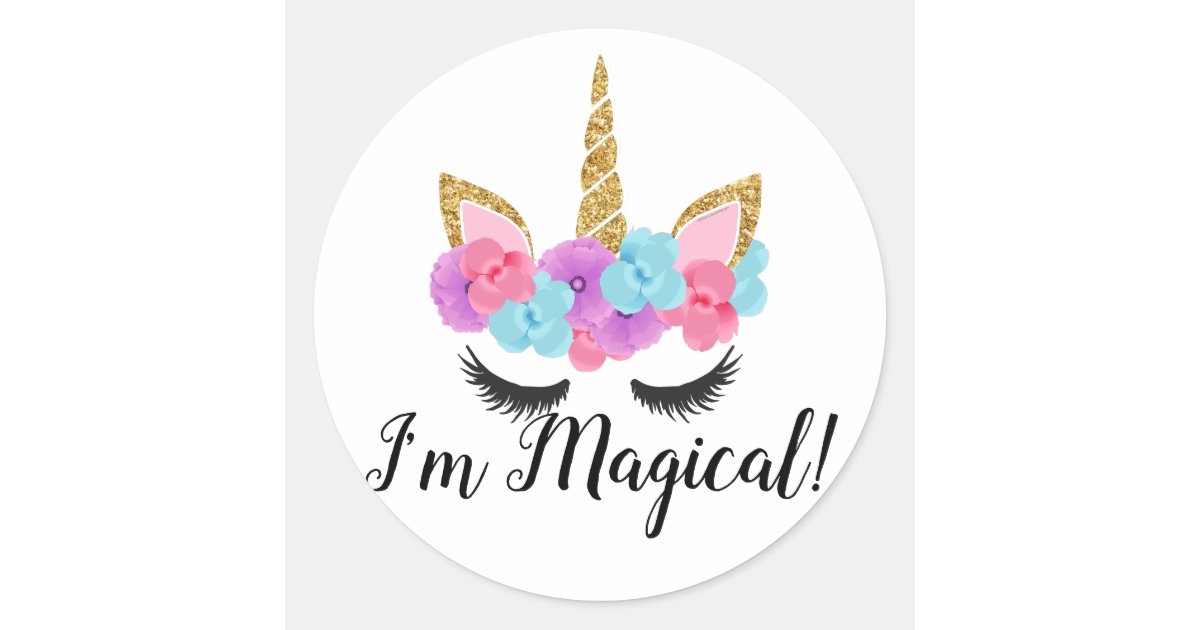 Flowers Gold Magical Unicorn Girls Classic Round Sticker | Zazzle