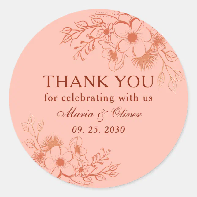 Flowers Peach Wedding Thank You Classic Round Sticker | Zazzle
