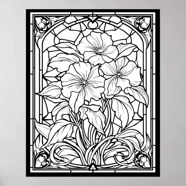 Flowers Stained Glass Window Coloring Poster | Zazzle