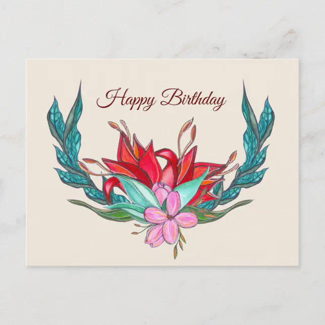 Flowers Watercolor Happy Birthday Drawing Postcard | Zazzle