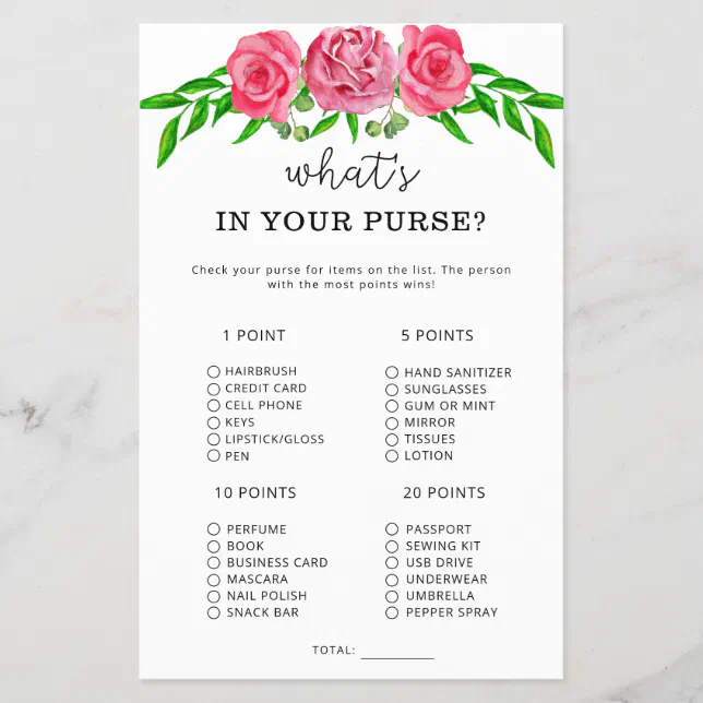 Flowers what's in your purse game | Zazzle