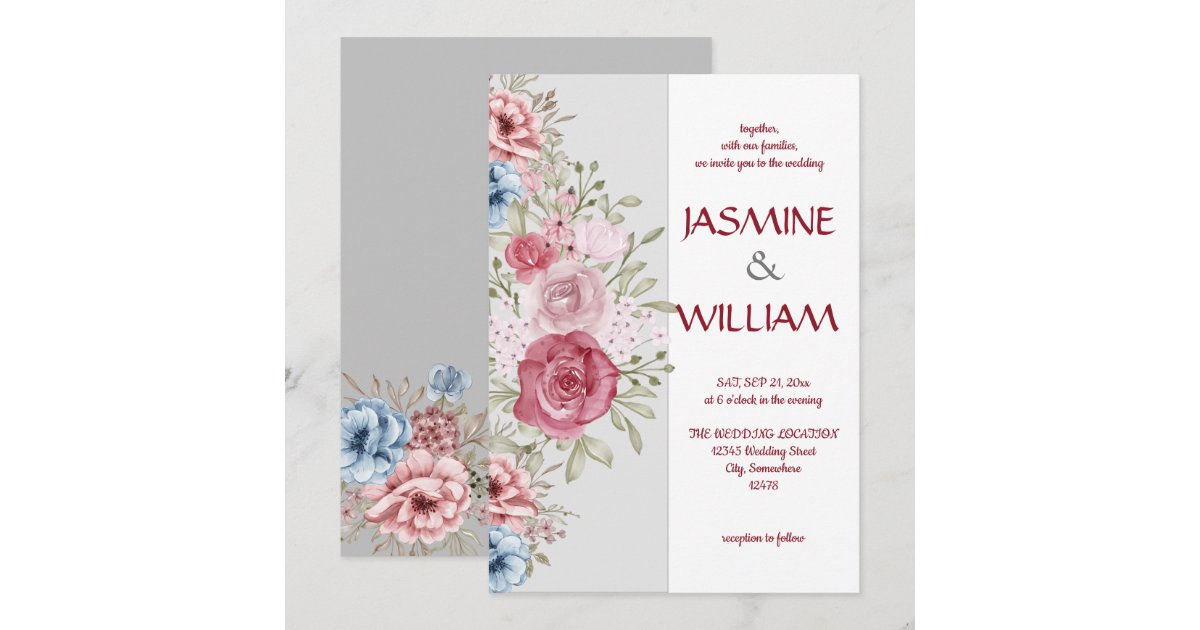 Flowery bouquet of pink and blue flowers invitation | Zazzle