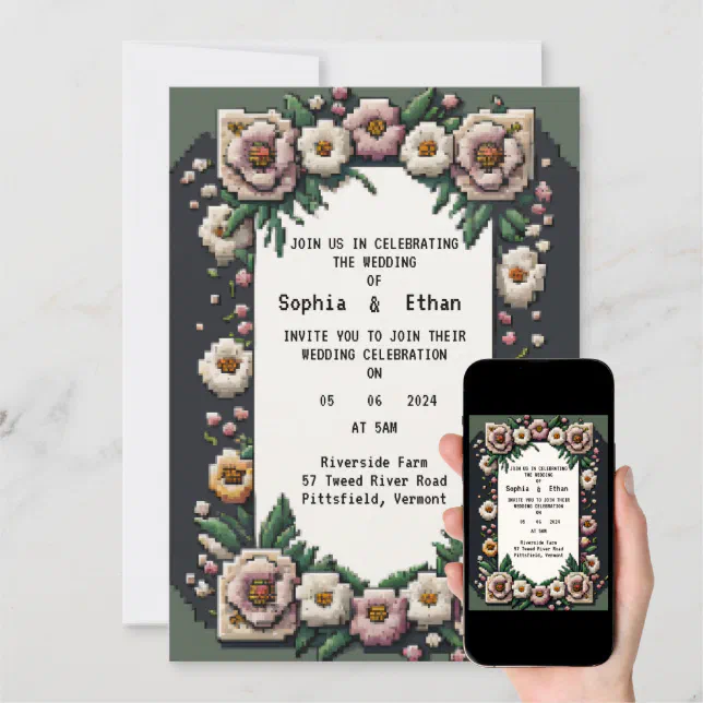 Flowery Pixel Art Wedding Invitation | Zazzle