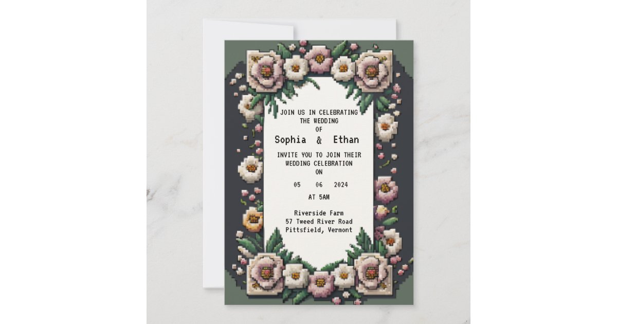 Flowery Pixel Art Wedding Invitation | Zazzle