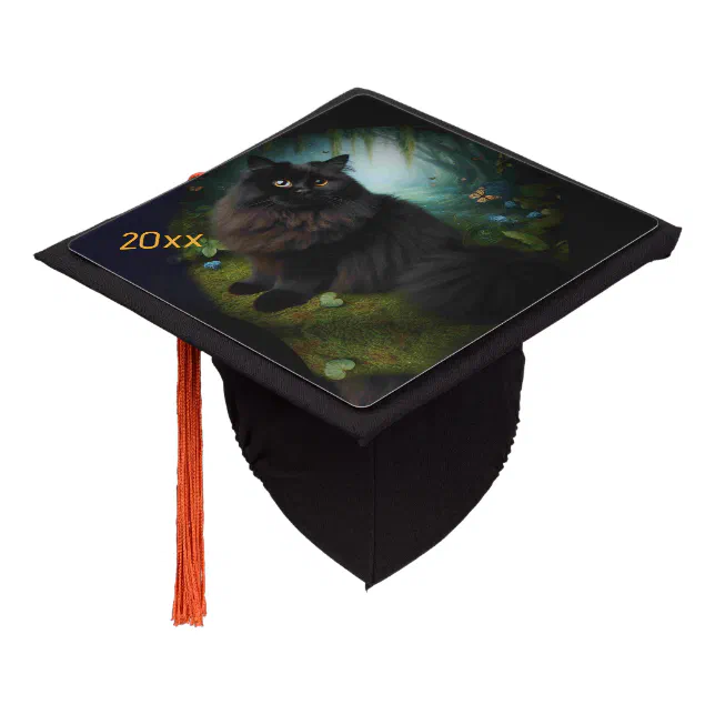 Fluffy Black Cat in Misty Woods Year Graduation Cap Topper | Zazzle
