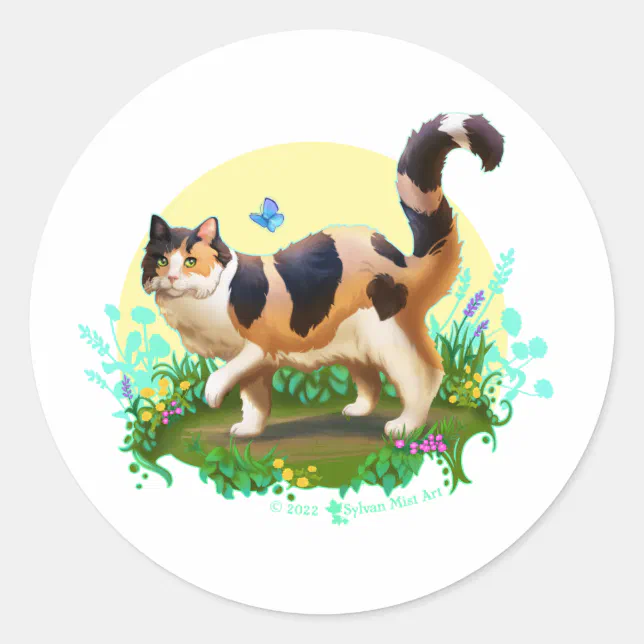 Fluffy Calico Cat with Butterfly Classic Round Sticker | Zazzle
