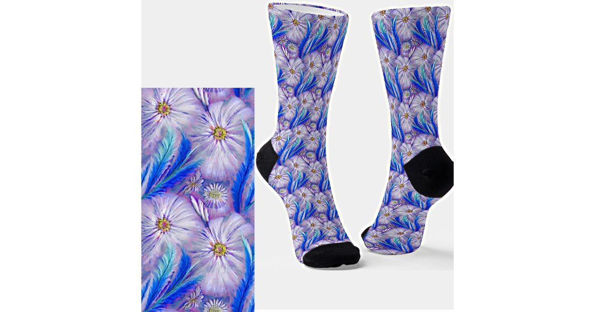 Fluffy Feminine White Flowers & Blue Feathers Socks | Zazzle