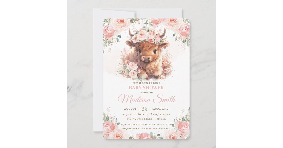 Fluffy Highland Cow Pink Blush Floral Baby Shower Invitation | Zazzle